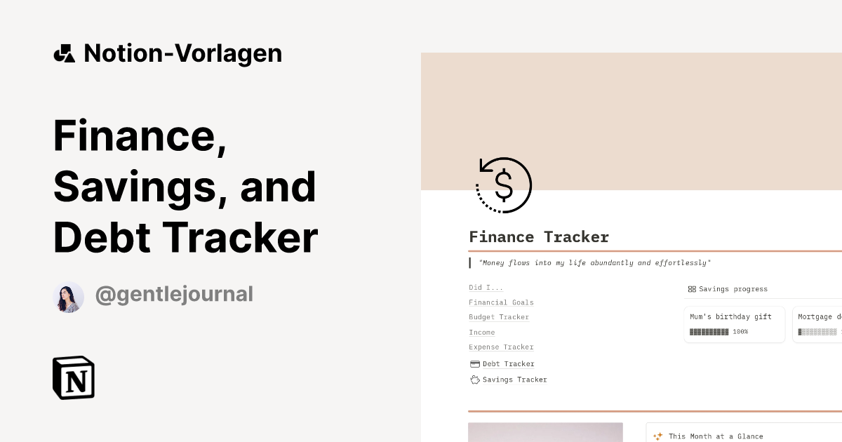 Finance, Savings, and Debt Tracker Vorlage von Gentle Journal | Notion-Marketplace