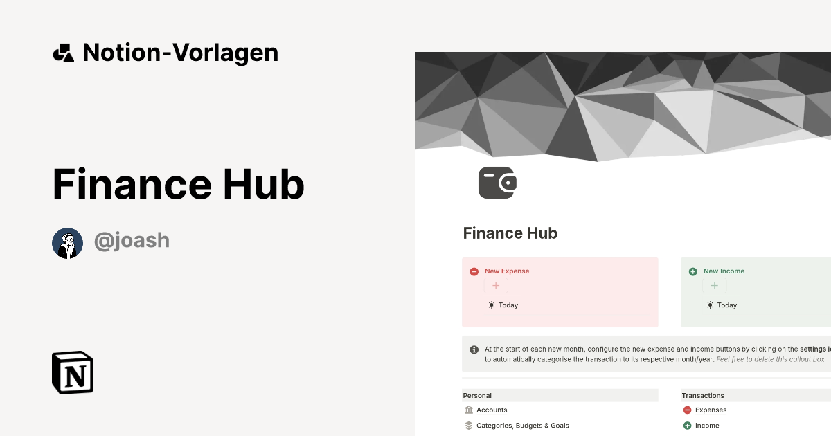 Finance Hub Vorlage von Joash | Notion-Marketplace