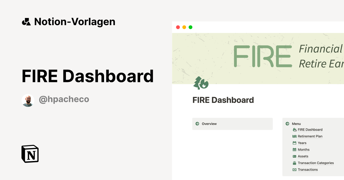 FIRE Dashboard Vorlage von The Barefoot Economist | Notion-Marketplace