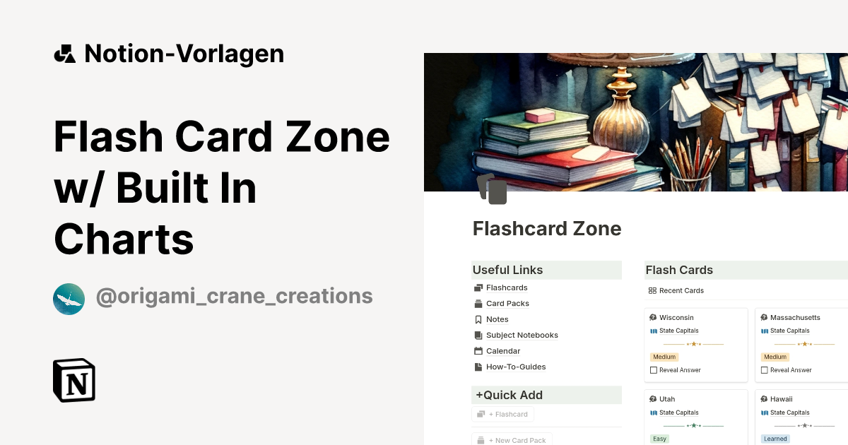 Flash Card Zone w/ Built In Charts Vorlage | Notion-Marketplace