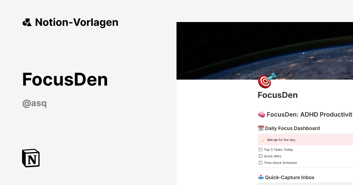 FocusDen Vorlage von asq | Notion-Marketplace