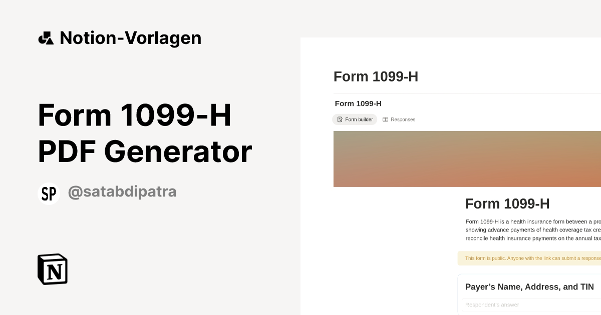 Form 1099-H PDF Generator Vorlage von Satabdi Patra | Notion-Marketplace