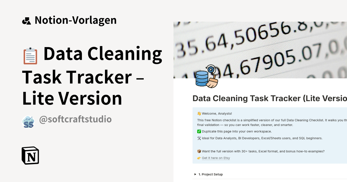 📋 Data Cleaning Task Tracker – Lite Version Vorlage | Notion-Marketplace