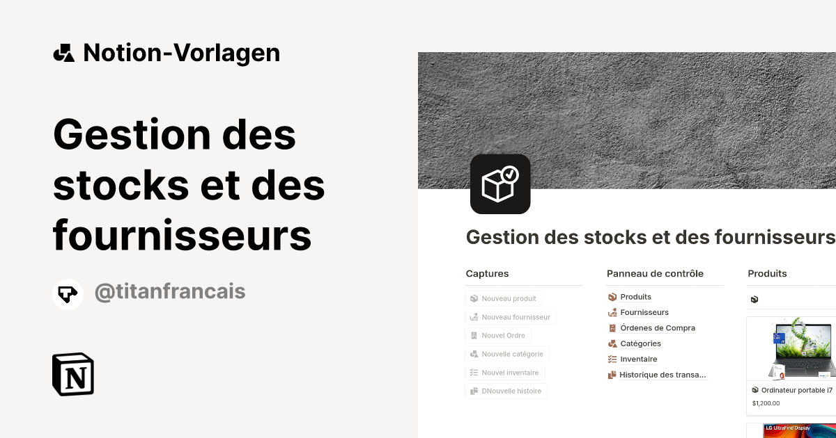 Gestion des stocks et des fournisseurs Vorlage | Notion-Marketplace