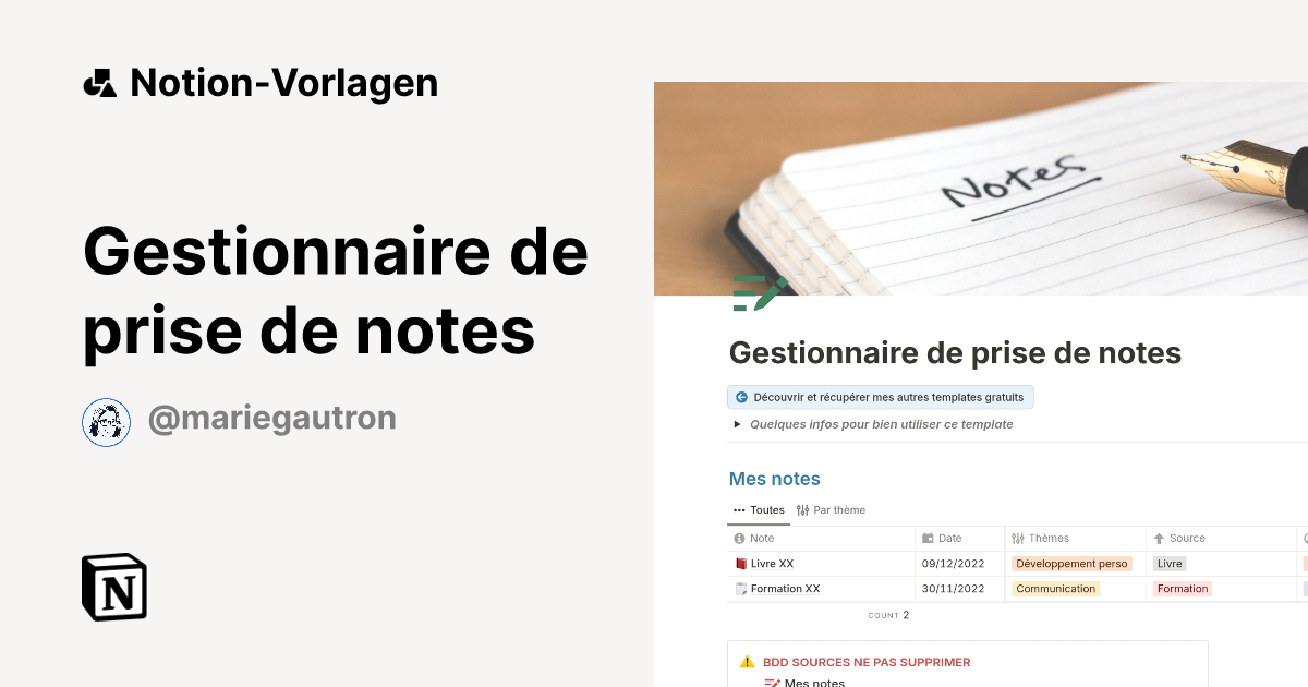Gestionnaire de prise de notes Vorlage | Notion-Marketplace