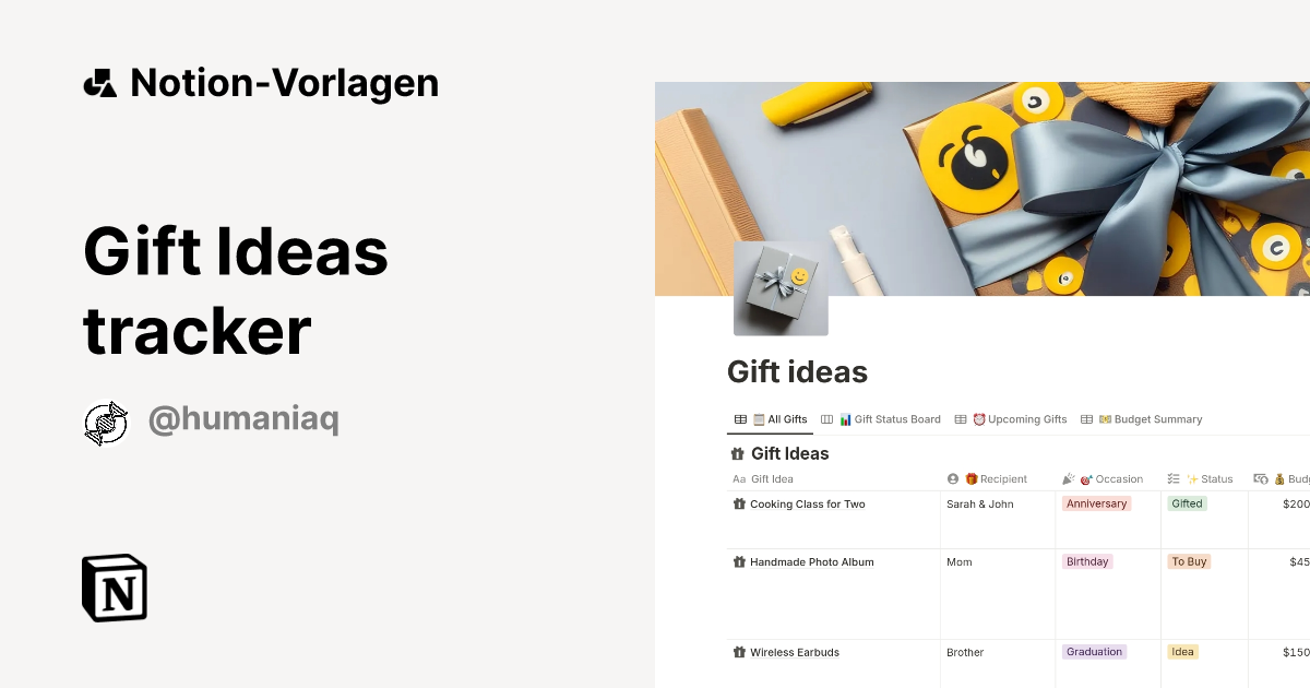 Gift Ideas tracker Vorlage | Notion-Marketplace
