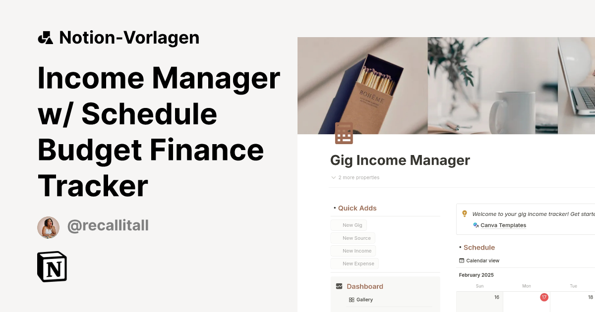 Income Manager w/ Schedule Budget Finance Tracker Vorlage | Notion ...