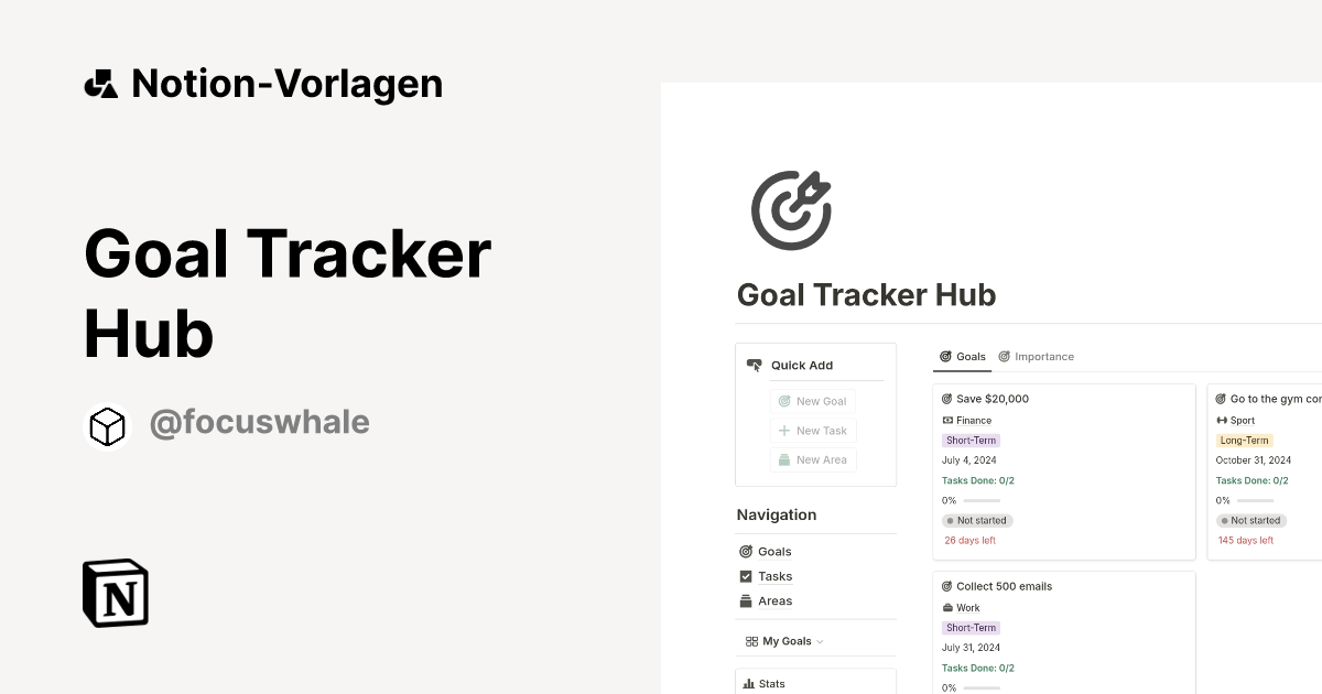 Goal Tracker Hub Vorlage von FocusWhale | Notion-Marketplace