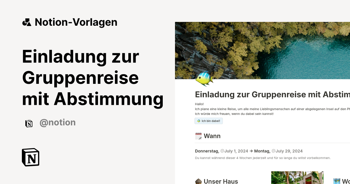 Einladung zur Gruppenreise mit Abstimmung Vorlage von Notion | Notion-Marketplace