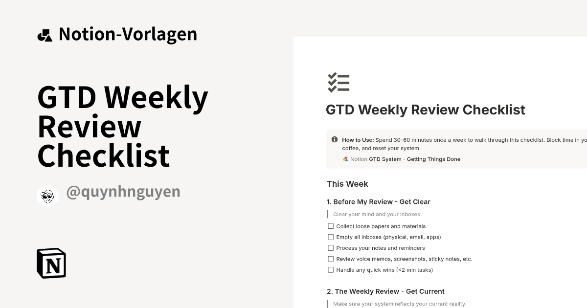 GTD Weekly Review Checklist Vorlage von Quynh Nguyen | Notion-Marketplace