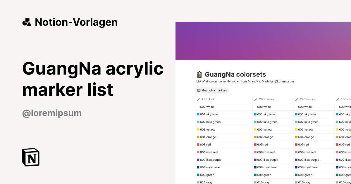 GuangNa acrylic marker list Vorlage | Notion-Marketplace