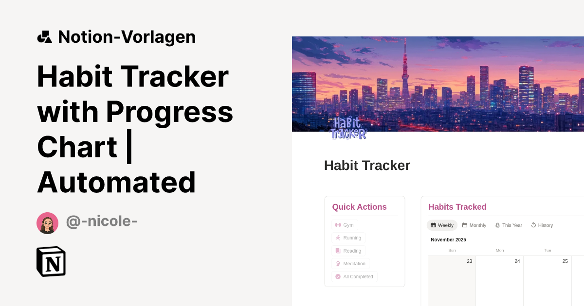 Habit Tracker with Progress Chart | Automated Vorlage | Notion-Marketplace