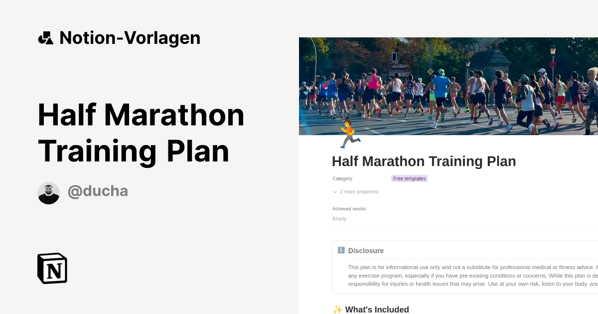 Half Marathon Training Plan (without tracking) Vorlage | Notion-Marketplace