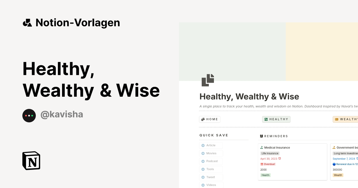 Healthy, Wealthy & Wise Vorlage | Notion-Marketplace