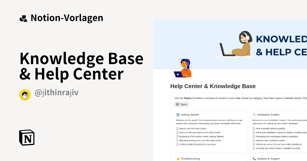 Help Center & Knowledge Base Website Vorlage | Notion-Marketplace