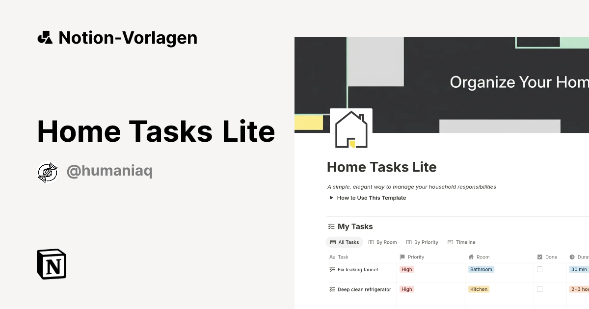 Home Tasks Lite Vorlage von Humaniaq | Notion-Marketplace