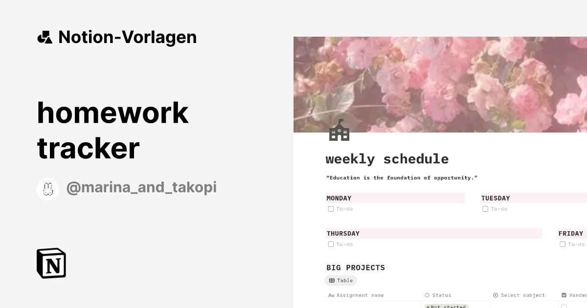 homework tracker Vorlage | Notion-Marketplace