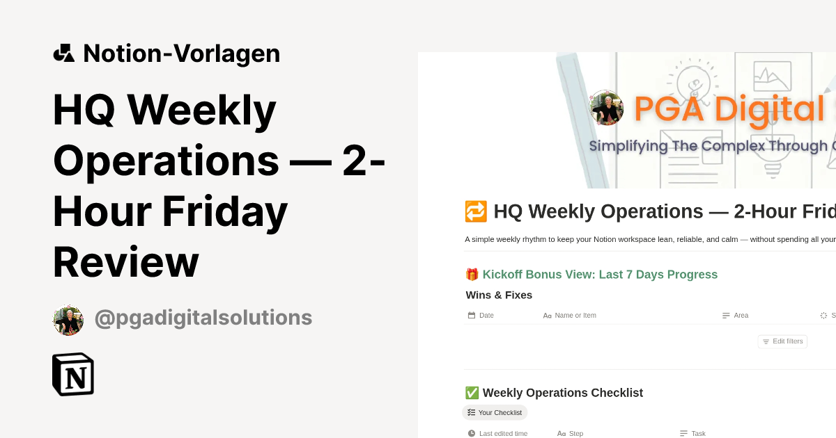 HQ Weekly Operations — 2-Hour Friday Review Vorlage | Notion-Marketplace