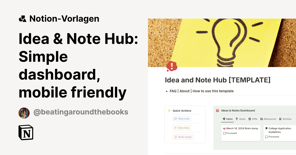 Idea & Note Hub: Simple dashboard, mobile friendly Vorlage | Notion ...