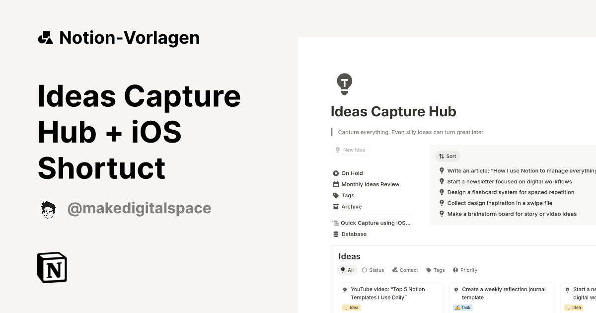 Ideas Capture Hub + iOS Shortuct Vorlage | Notion-Marketplace