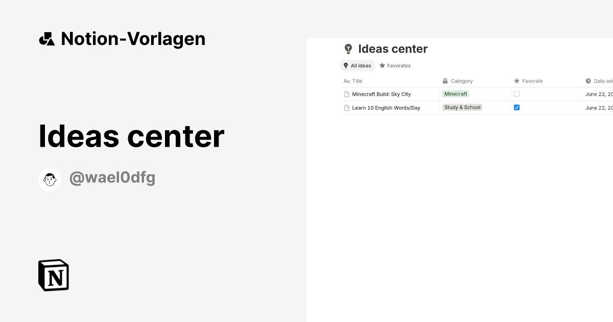 Ideas center Vorlage | Notion-Marketplace