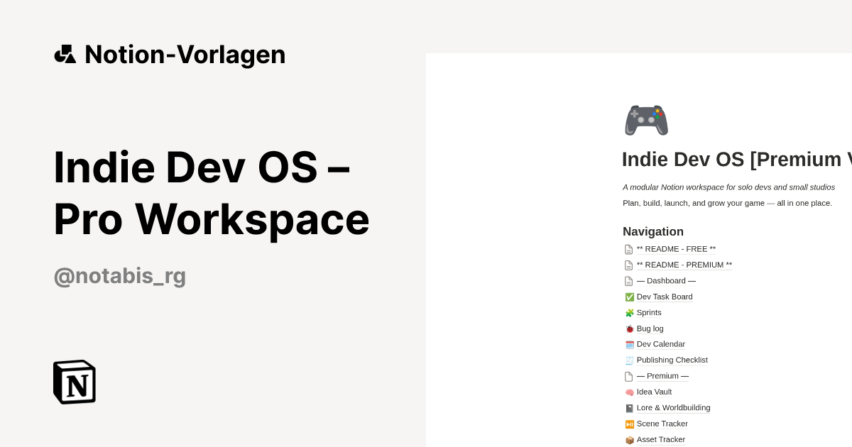 Indie Dev OS – Pro Workspace Vorlage | Notion-Marketplace