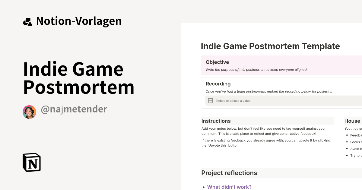 Indie Game Postmortem Vorlage von Najmah Salam | Notion-Marketplace