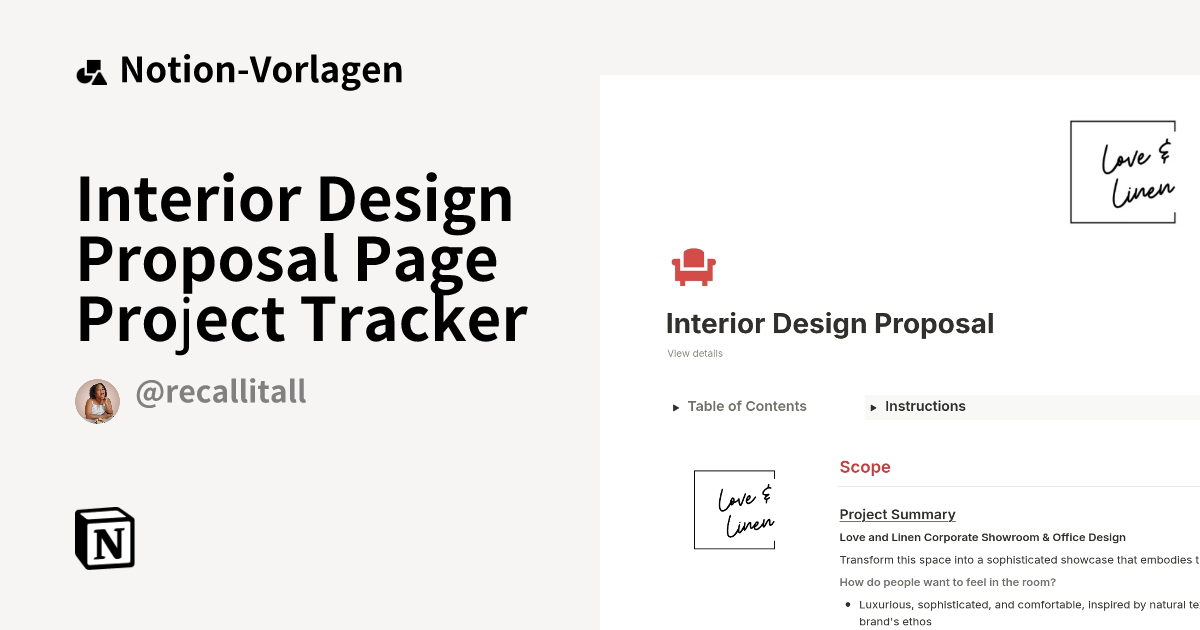 Interior Design Proposal Page Project Tracker Vorlage | Notion-Marketplace