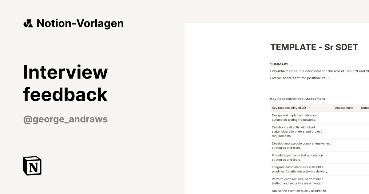 Interview feedback Vorlage von George Andraws | Notion-Marketplace