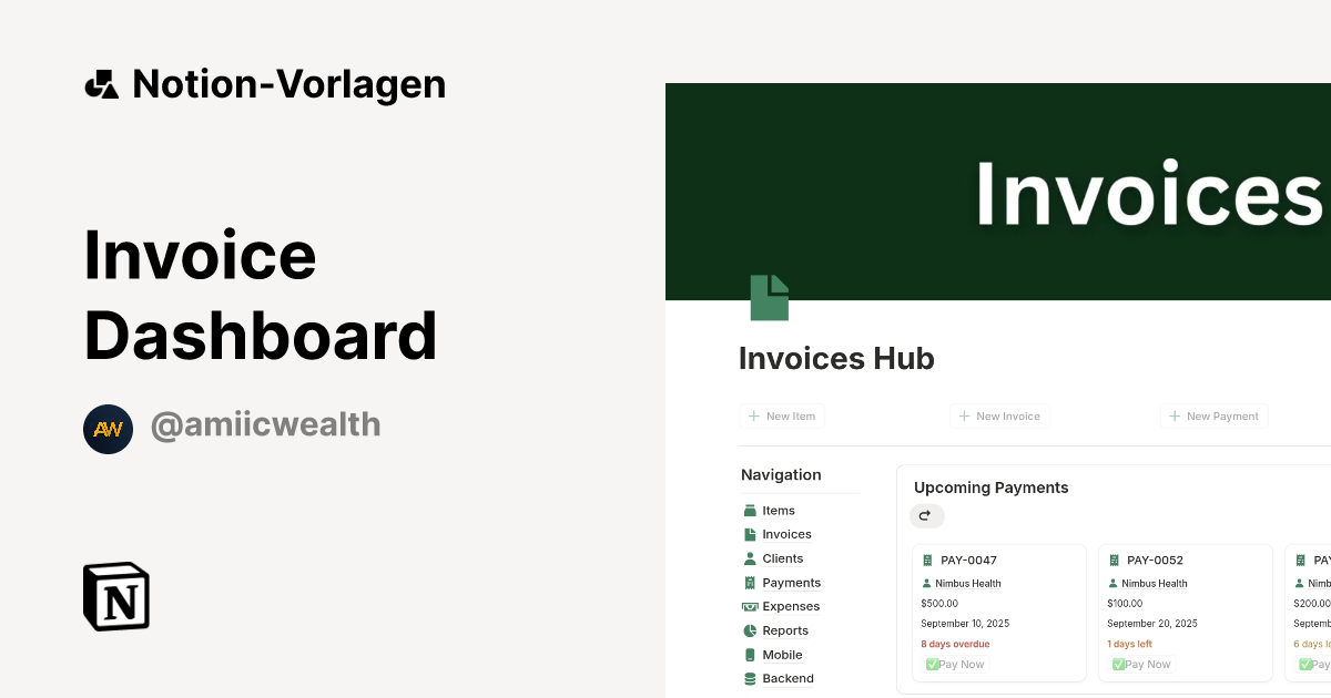 Invoice Dashboard Vorlage | Notion-Marketplace
