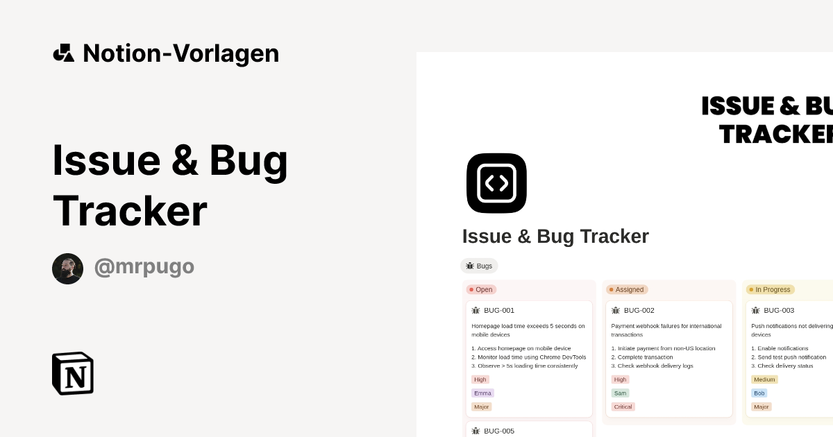 Issue & Bug Tracker Vorlage | Notion-Marketplace