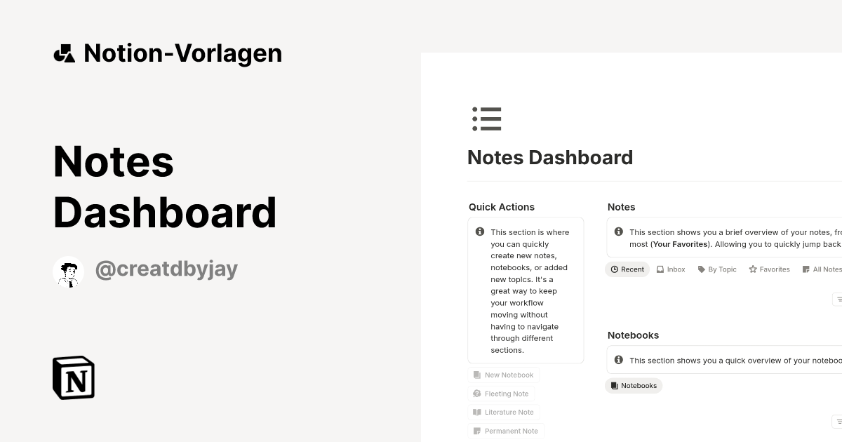 Notes Dashboard Vorlage | Notion-Marketplace