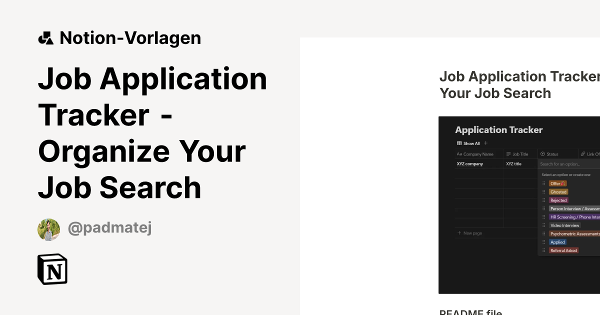 Job Application Tracker - Organize Your Job Search Vorlage | Notion-Marketplace