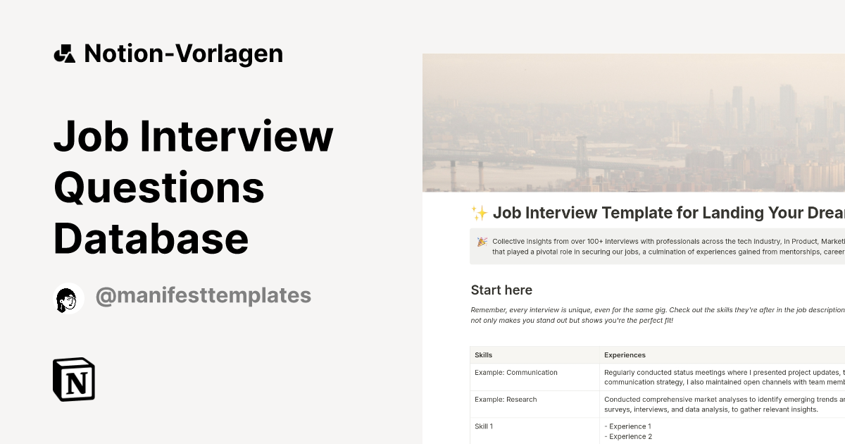 Job Interview Questions Database Vorlage | Notion-Marketplace