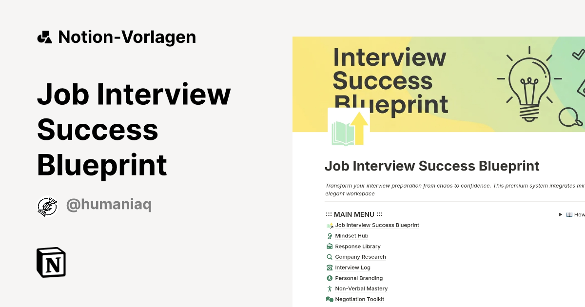 Job Interview Success Blueprint Vorlage von Humaniaq | Notion-Marketplace