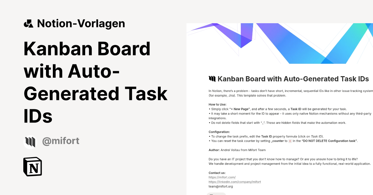 Kanban Board with Auto-Generated Task IDs Vorlage | Notion-Marketplace