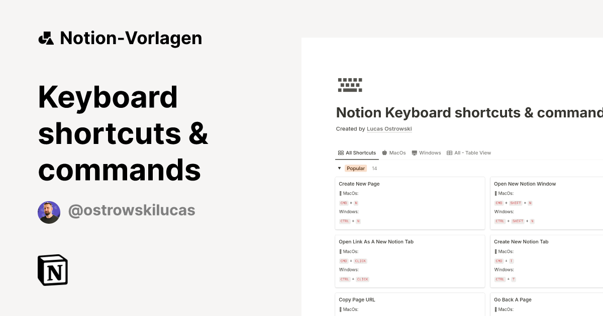 Keyboard shortcuts & commands Vorlage | Notion-Marketplace