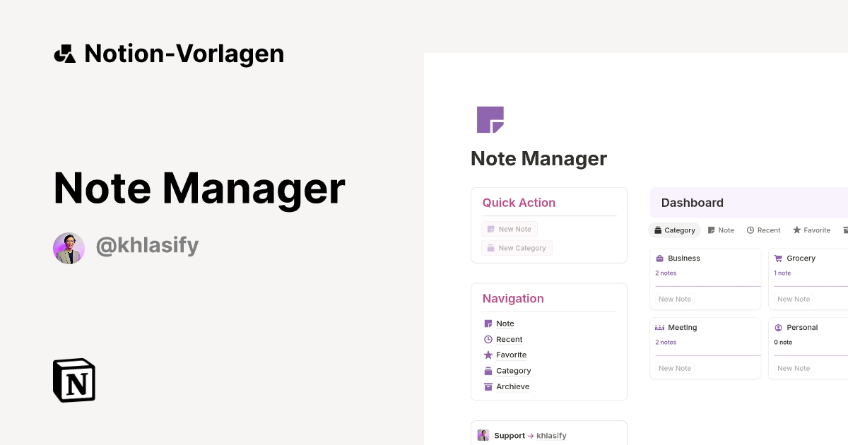 Note Manager Vorlage von khlasify | Notion-Marketplace