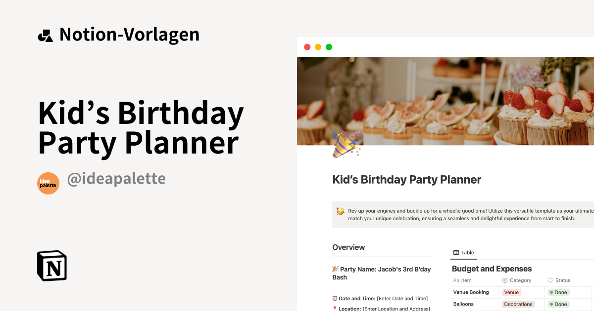 Kid’s Birthday Party Planner Vorlage von Idea Palette | Notion-Marketplace