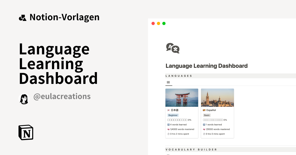 Language Learning Dashboard Vorlage von Eula | Notion-Marketplace