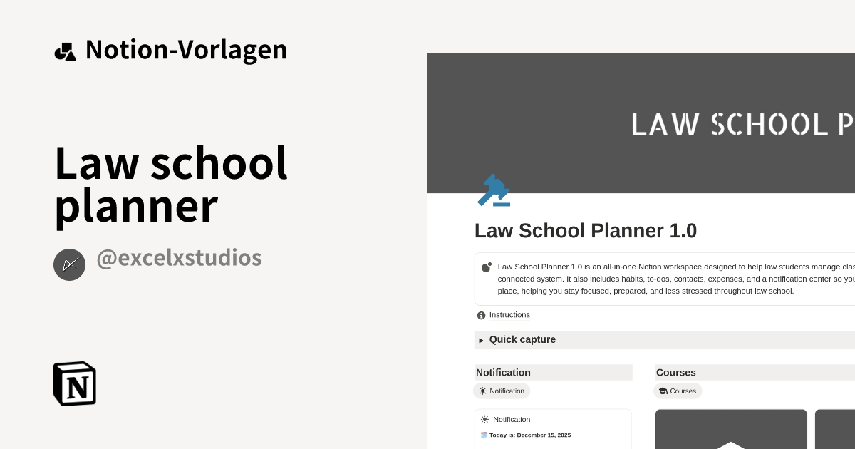 Law school planner Vorlage | Notion-Marketplace