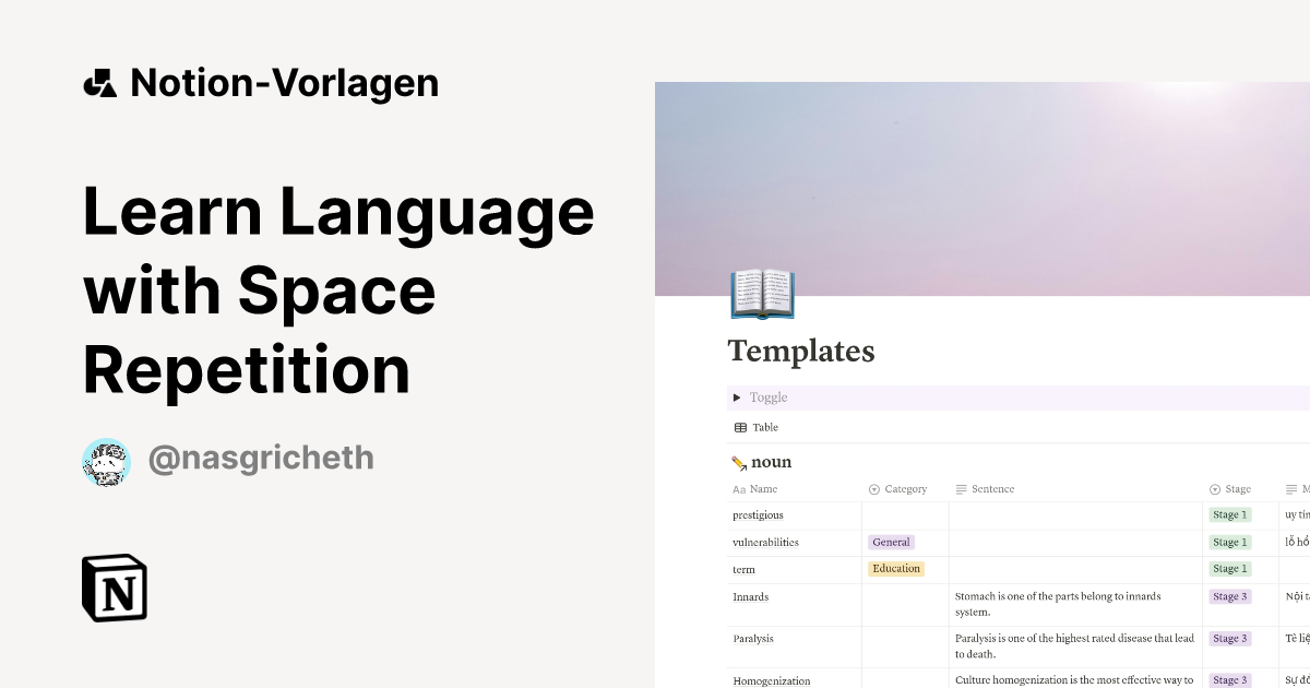 Learn Language with Space Repetition Vorlage | Notion-Marketplace