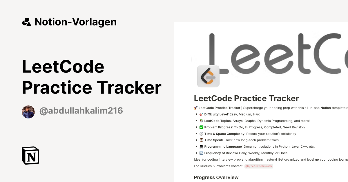 LeetCode Practice Tracker Vorlage | Notion-Marketplace