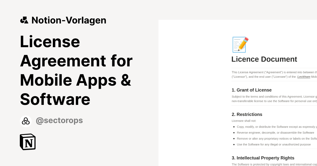 License Agreement for Mobile Apps & Software Vorlage | Notion-Marketplace