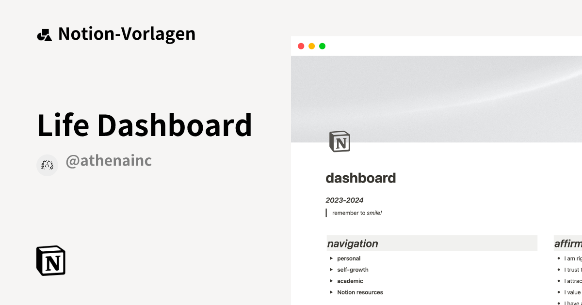 Life Dashboard Vorlage | Notion-Marketplace