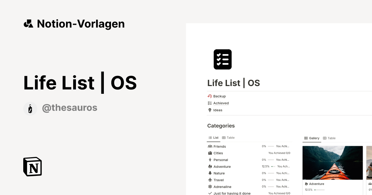 Life List | OS Vorlage von Thesauros | Notion-Marketplace