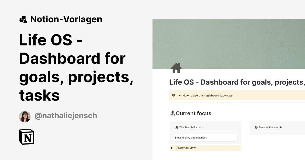 Life OS - Dashboard for goals, projects, tasks Vorlage von Nathalie Jensch | Notion-Marketplace
