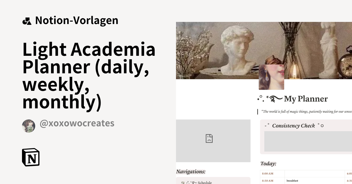 Light Academia Planner (daily, weekly, monthly) Vorlage | Notion-Marketplace
