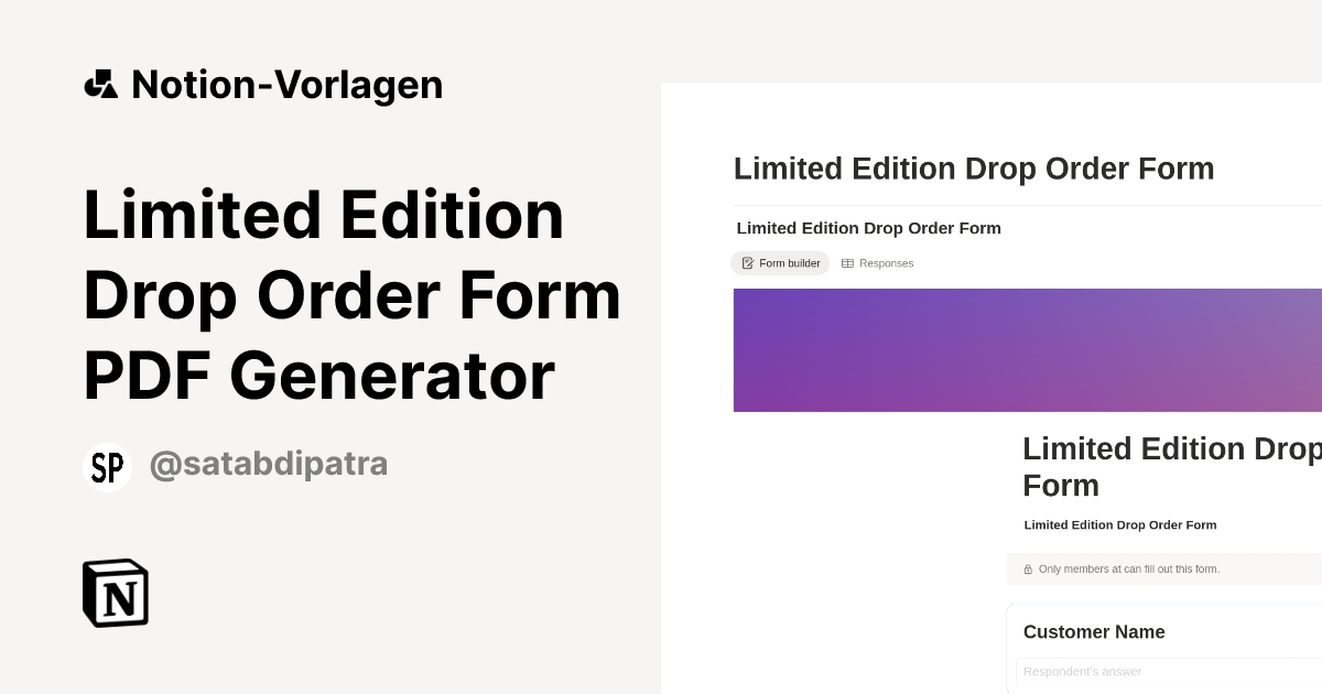 Limited Edition Drop Order Form PDF Generator Vorlage | Notion-Marketplace