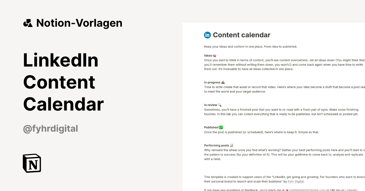 LinkedIn Content Calendar Vorlage von Fyhr digital | Notion-Marketplace